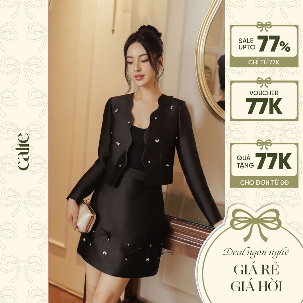 SET áo khoác lượn nẹp đính đá phối chân váy dáng A lông vũ sang trọng ...