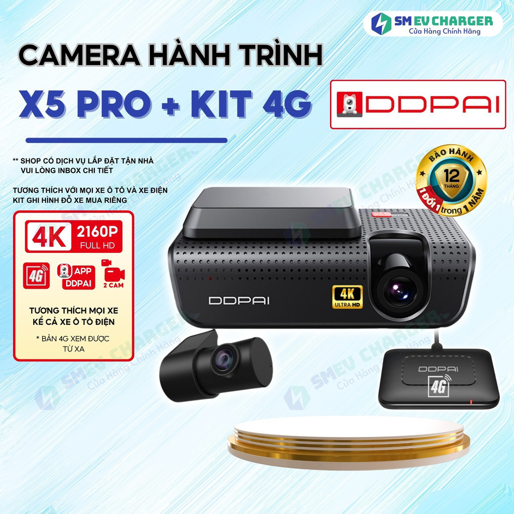 Camera hành trình DDPAI X5 Pro 4G Độ phân giải 4K Xem trực tiếp từ xa ...