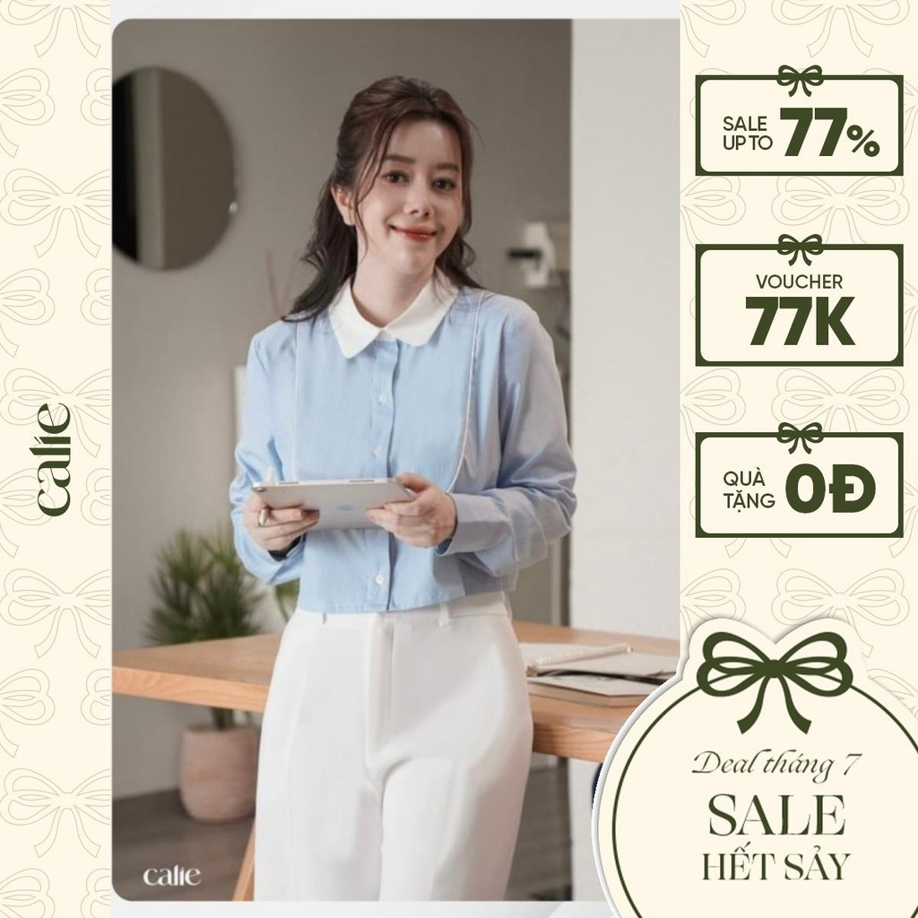 Áo sơ mi nữ cổ đức phối cổ can đáp ngực chất lụa Hàn cao cấp CALIE ...