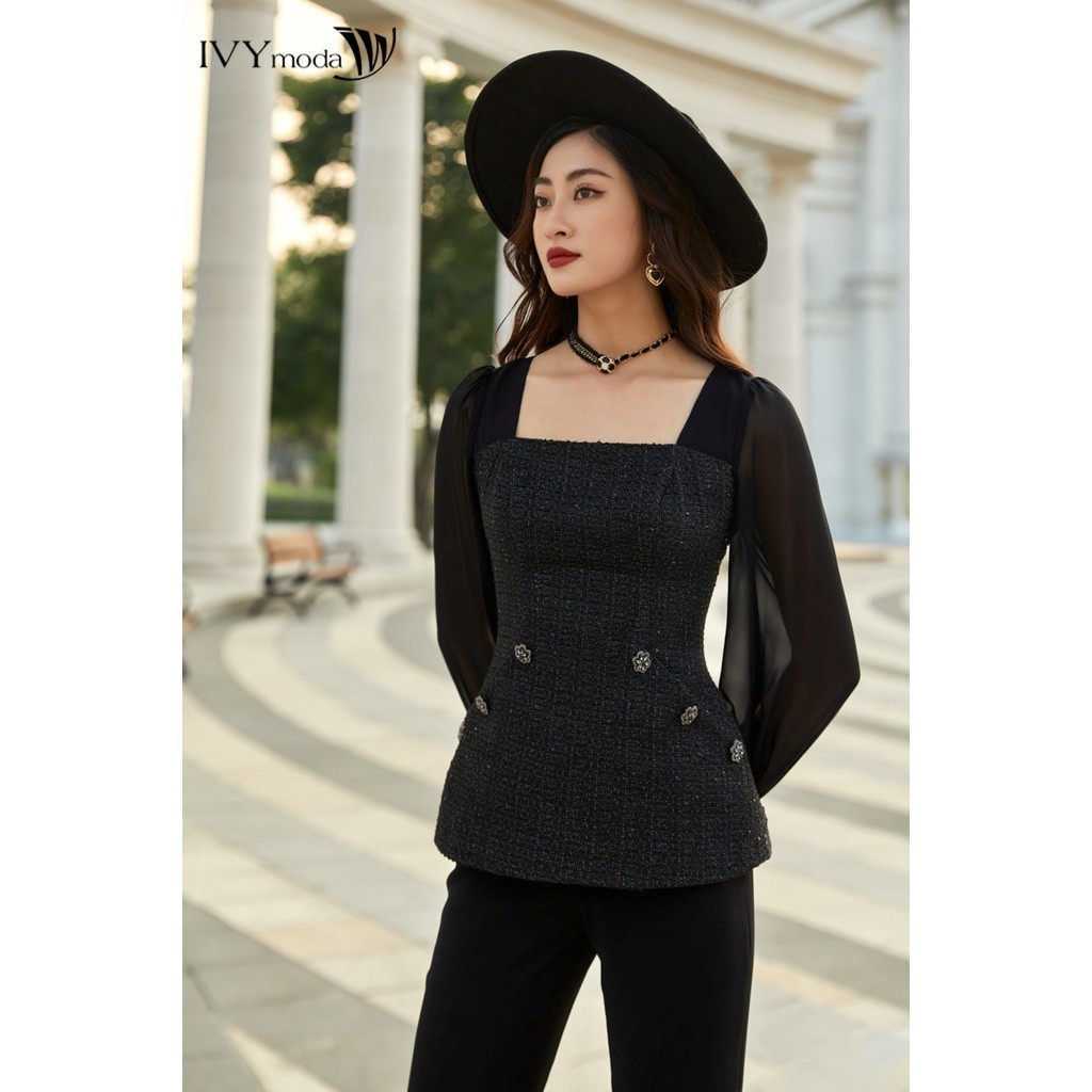 Áo sơ mi nữ cổ vuông IVY moda MS 17B9115 | Shopee Việt Nam