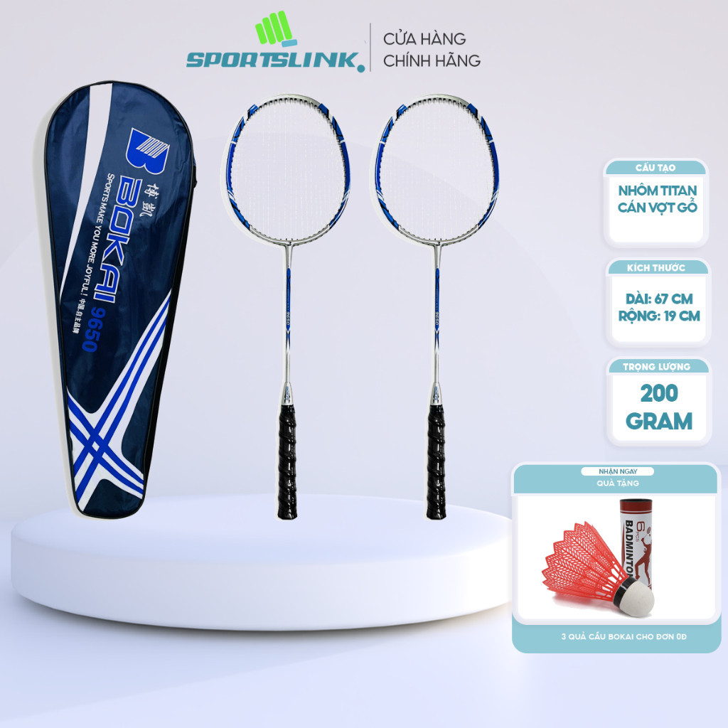 Bộ 2 Vợt Cầu Lông Bokai Hộp kim nhôm bền nhẹ - tặng kèm túi và 3 quả ...