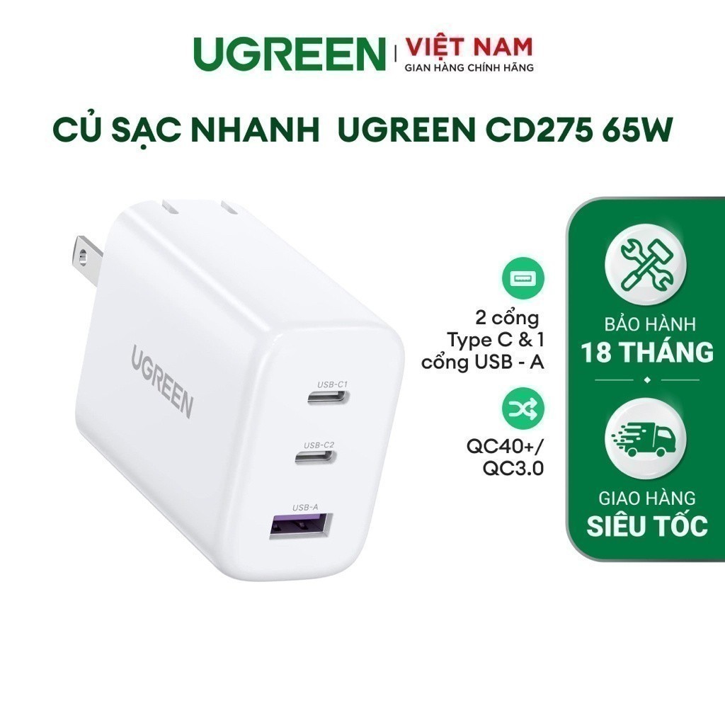 Củ sạc nhanh UGREEN CD275 65W| 2 cổng Type C & 1 cổng USB - A| QC40 ...