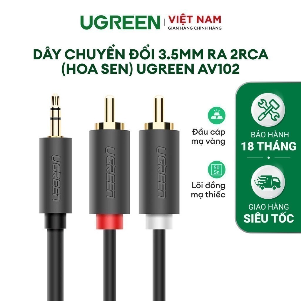 Dây chuyển đổi 3.5mm ra 2RCA (HOA SEN) UGREEN AV102 | Dài từ 1-10m | Đầu nối mạ vàng 24k| Bảo ...