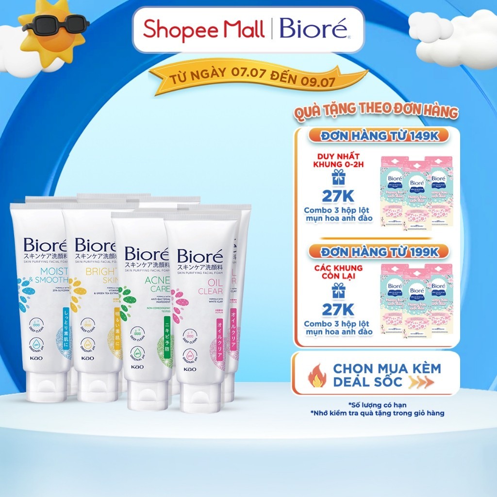 (Chọn dòng sản phẩm) Combo 2 Sữa Rửa Mặt Thanh Lọc Da Biore 100g (Sáng Da/Ngừa Mụn/Sạch Nhờn ...