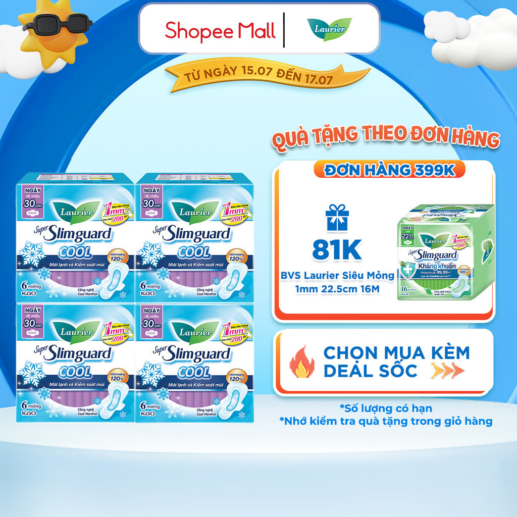 Combo 4 gói BVS Laurier Siêu Mỏng 1mm Mát lạnh 30cm 6 miếng | Shopee ...