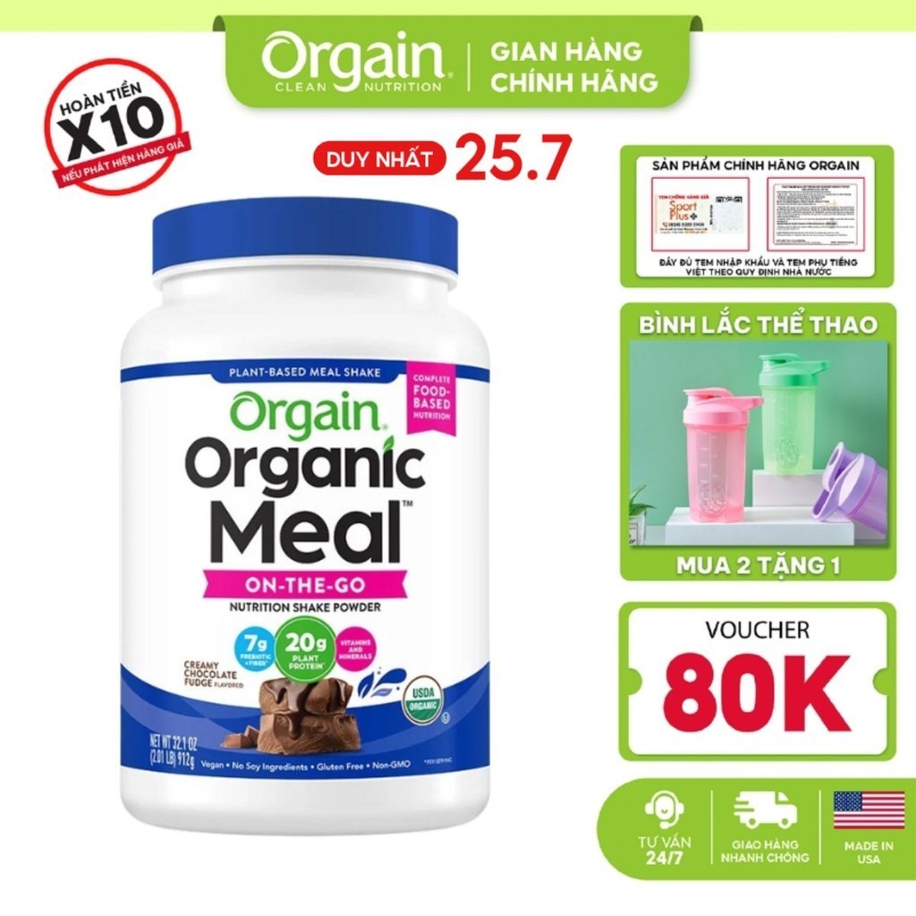 Orgain Organic Meal Powder bột đạm thực vật hữu cơ giúp xây dựng cơ bắp ...
