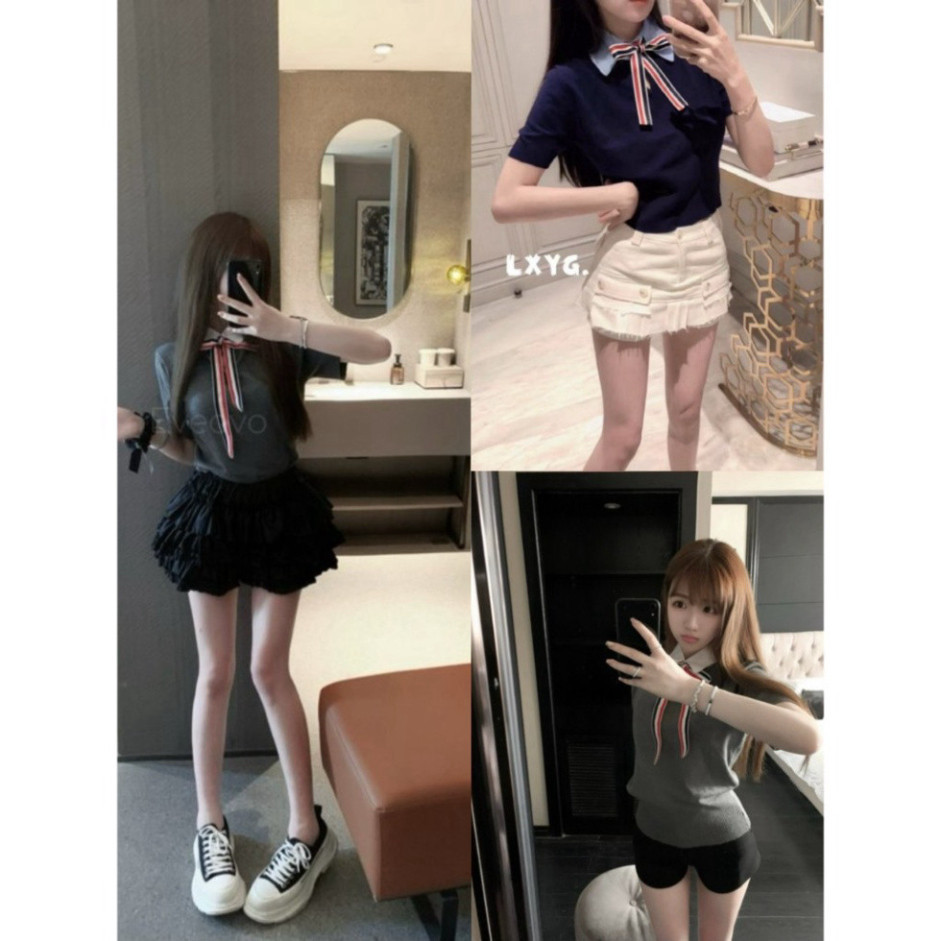 Áo Len Nữ Mùa Hè, Áo Len Cổ Polo Dây Nơ Đính Kèm Thome Nữ Siêu Cute C24 ...