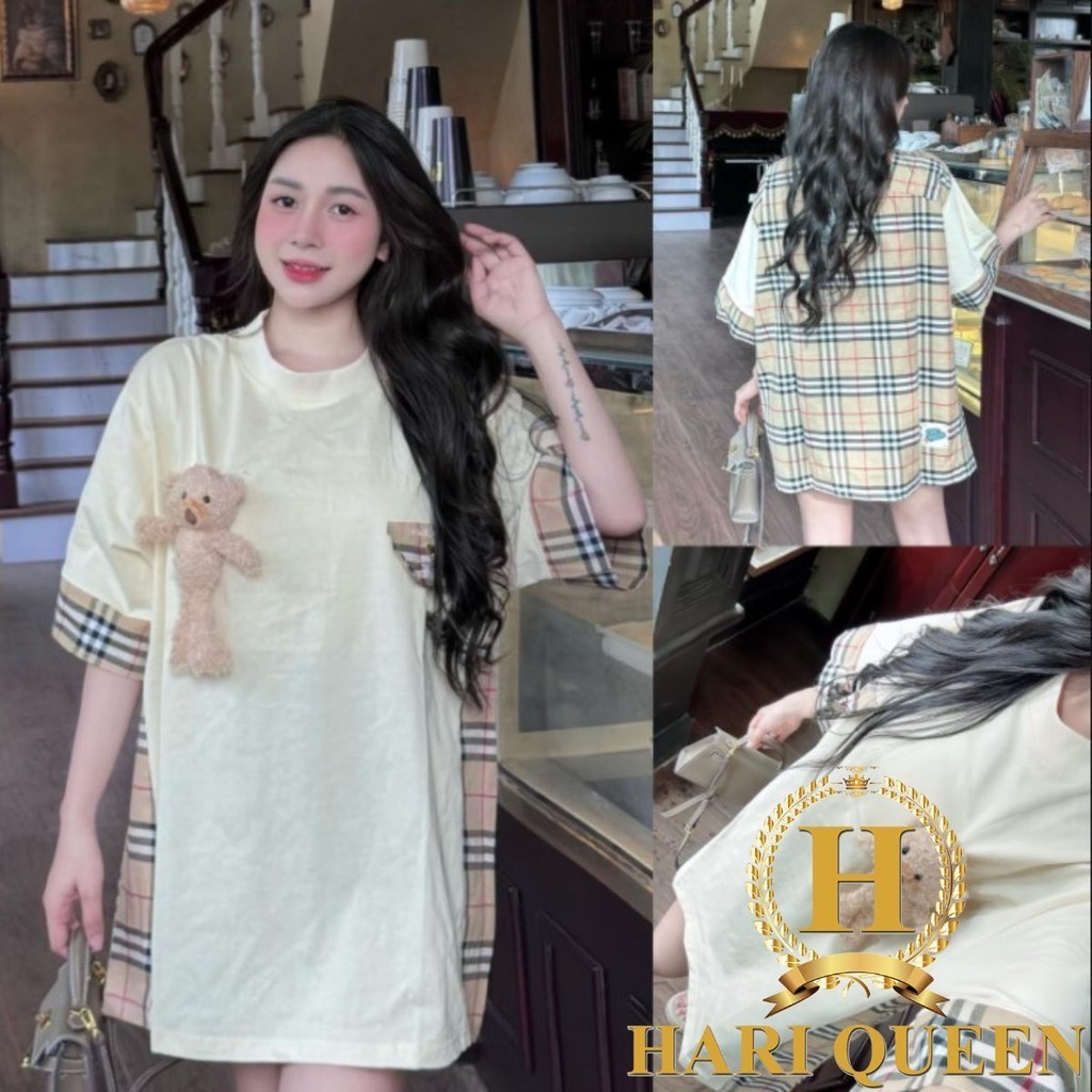 Áo thun tay lỡ phối kẻ gấu tay và lưng + kèm gấu bông rộng đẹp HARIQUEEN - Áo phông nam nữ ...
