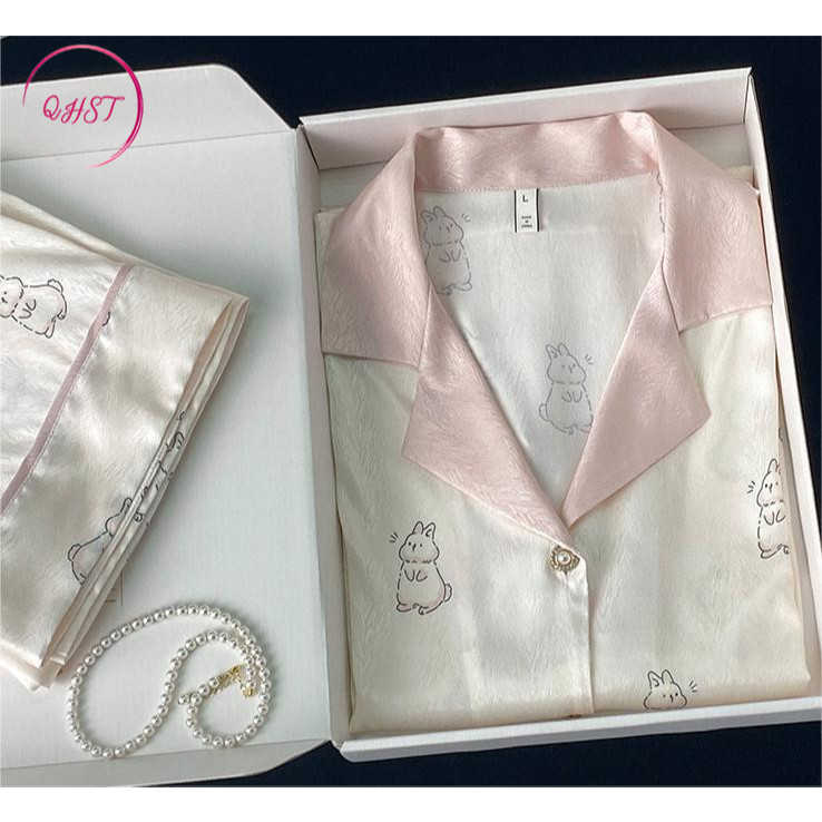 Bộ Đồ Ngủ Qhst Nữ Phù Hợp Với Thỏ Trắng Jacquard Satin Quần Dài Tay ...