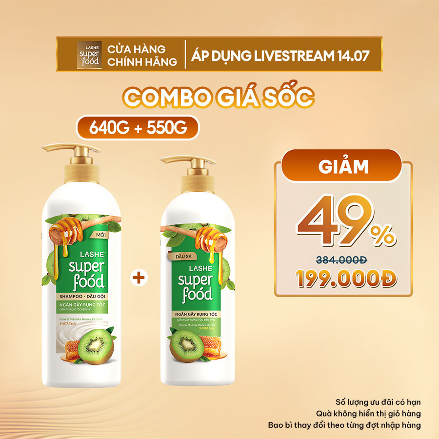 [LIVESTREAM] Combo Dầu gội 640G Tặng Dầu xả 550G LASHE SUPERFOOD ngăn gãy rụng tóc | Shopee Việt Nam