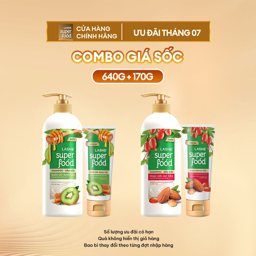 Combo Dầu gội LASHE SUPERFOOD 640G Tặng Dầu xả LASHE SUPERFOOD 170G ...