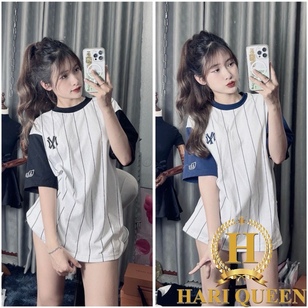 Áo thun tay lỡ NY kẻ sọc phối tay HARIQUEEN - Áo phông nam nữ unisex freesize form rộng 65kg ...