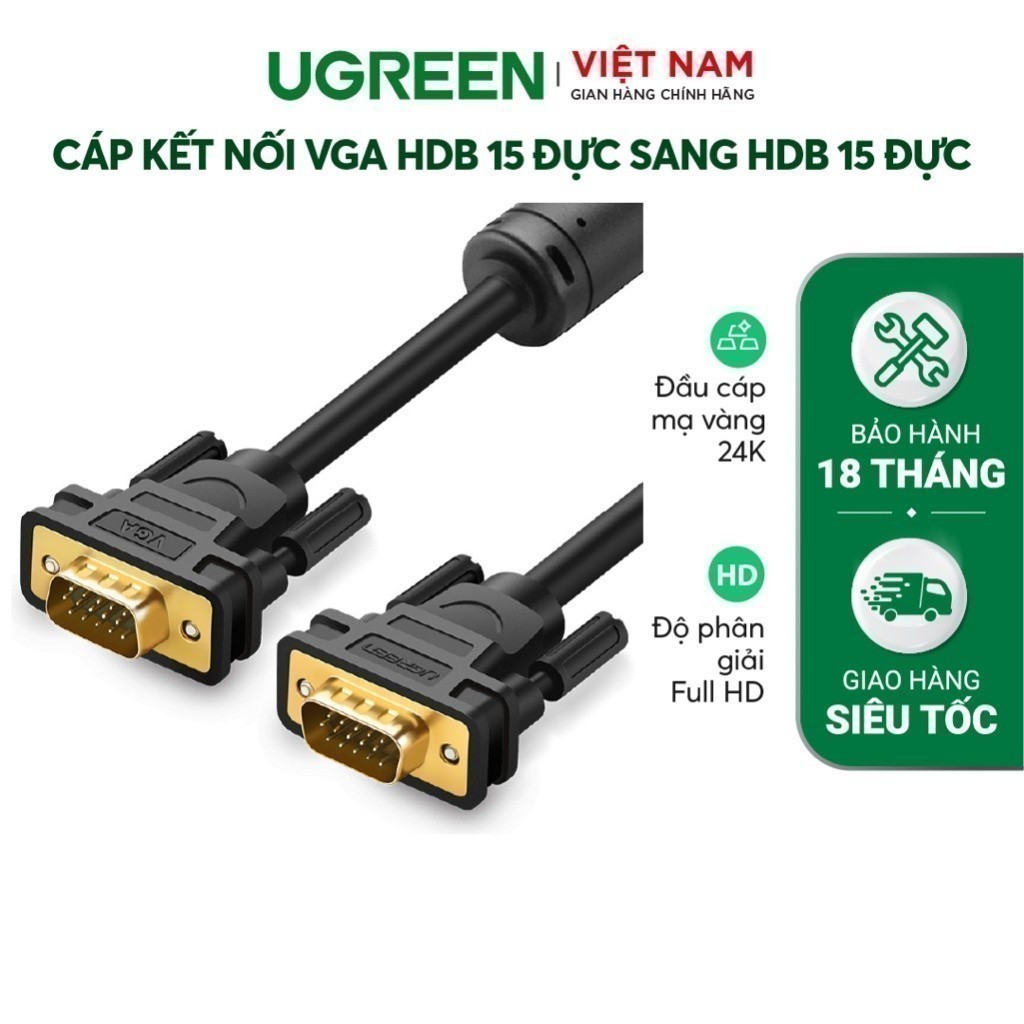 Dây VGA VG101 UGREEN | kích thước 1-30m | VGA HDB 15 đực sang HDB 15 đực | Bảo hành 18 tháng ...