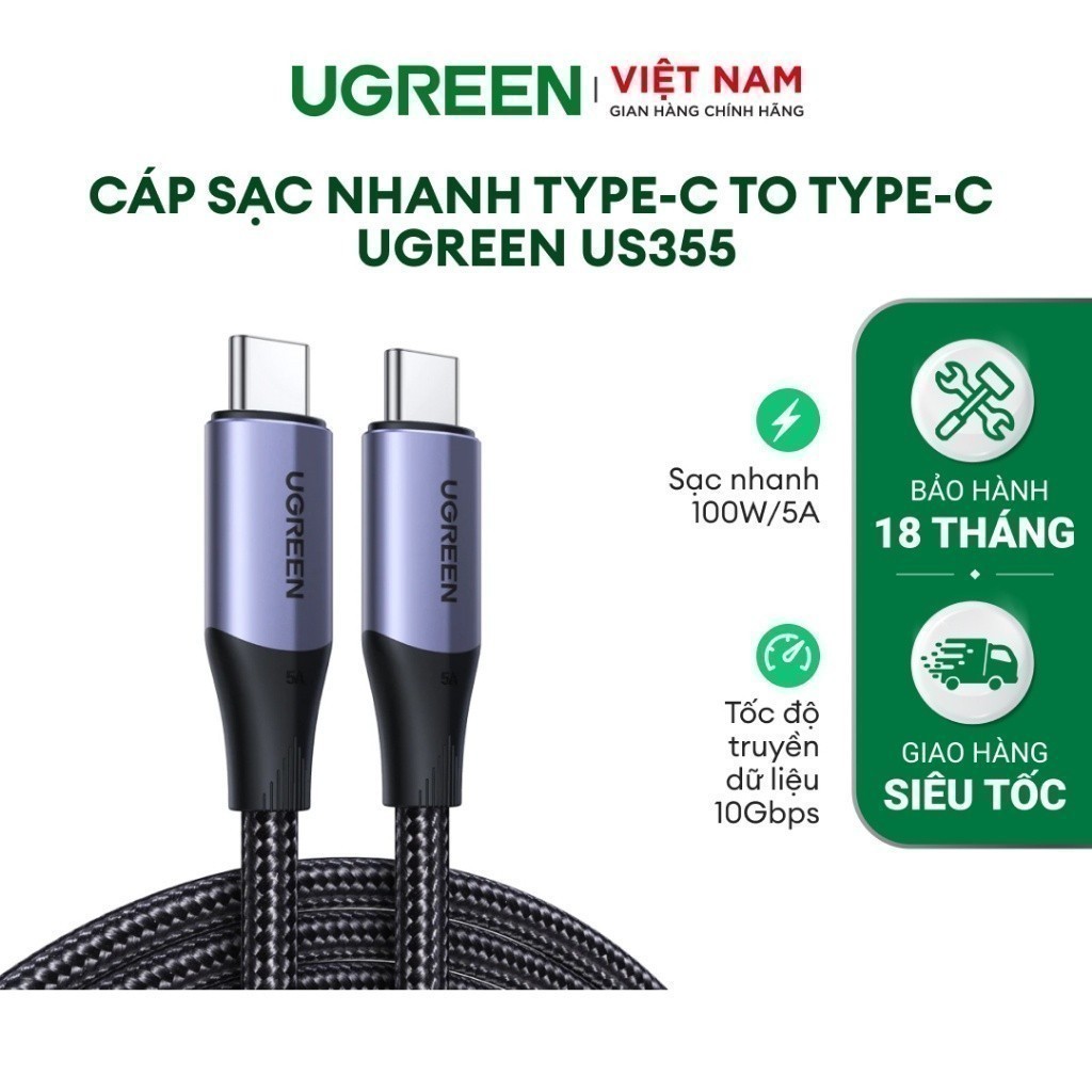 Cáp sạc USB-C sang Type-C UGREEN US355 | Sạc nhanh 100W - 5A | Tốc độ truyền 10Gbps | Bảo Hành 1 ...