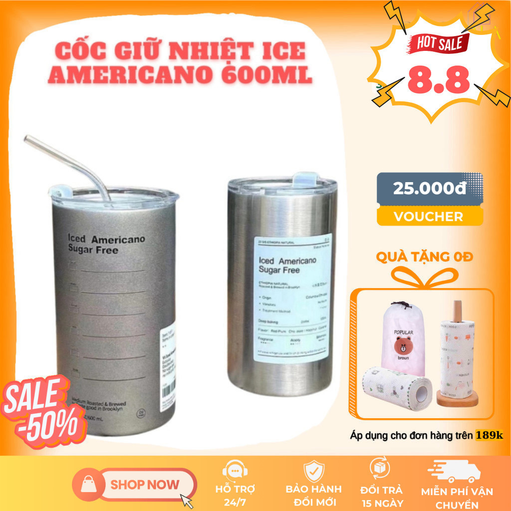 Cốc Giữ Nhiệt, Cốc Uống Nước Iced Americano Inox 304 Có Ống Hút Ly Uống Coffee 600ML Giữ Nhiệt 6 ...