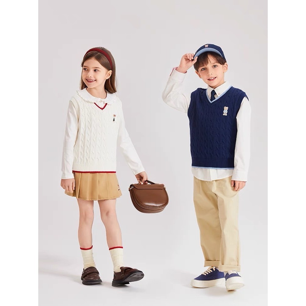 Áo gile len cổ tim Paw in Paw gấu ngực 2 màu trắng / navy size 110 ...