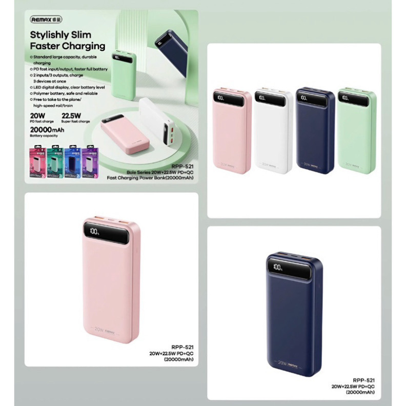 Pin dự phòng sạc nhanh Remax RPP-521 Bole Series 20000mAh QC 22.5W và PD 20W - tích hợp 2 input ...