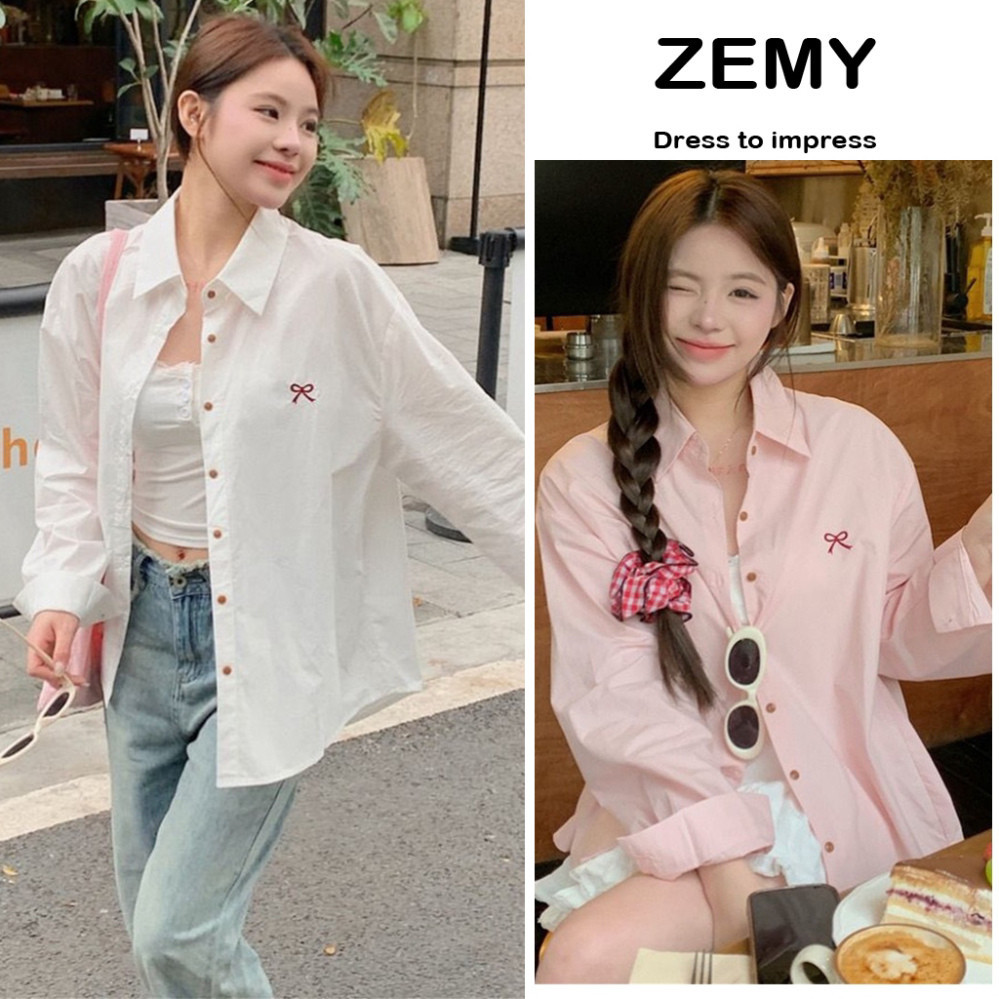 Áo sơ mi dài tay nữ kiểu thêu hình nơ nhiều màu ullzang ZEMY | Shopee ...