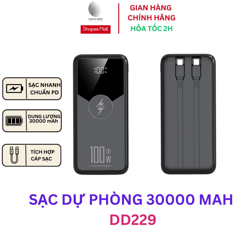 Sạc dự phòng DD229, Sạc nhanh chuẩn PD , Tích hợp dây sạc cho nhiều ...
