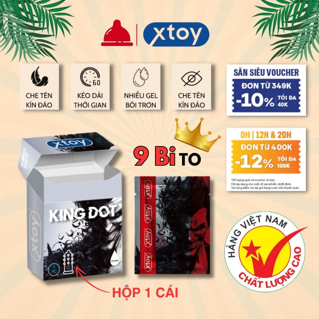 Bao cao su bi XTOY KING DOT 9 bi lớn, bcs siêu gân gai, nhiều gel bôi trơn, hương chocolate, hộp ...