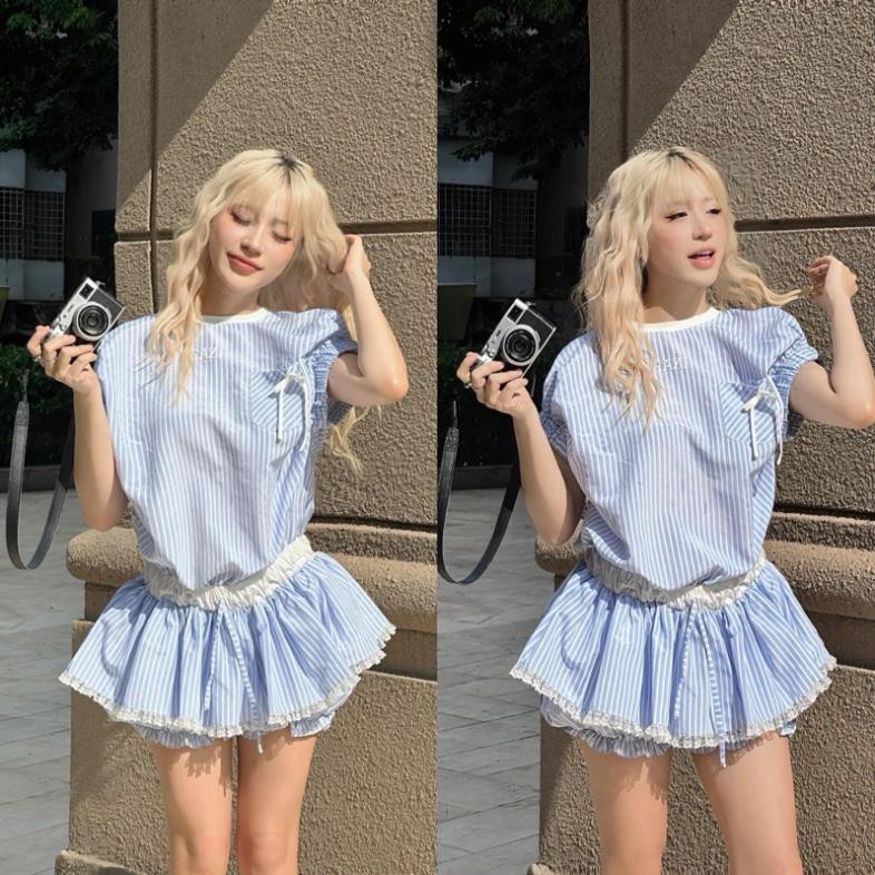 Set Jump CaZi kẻ xanh thêu chữ tay chun chân váy bèo phối ren có quần bảo hộ | Shopee Việt Nam