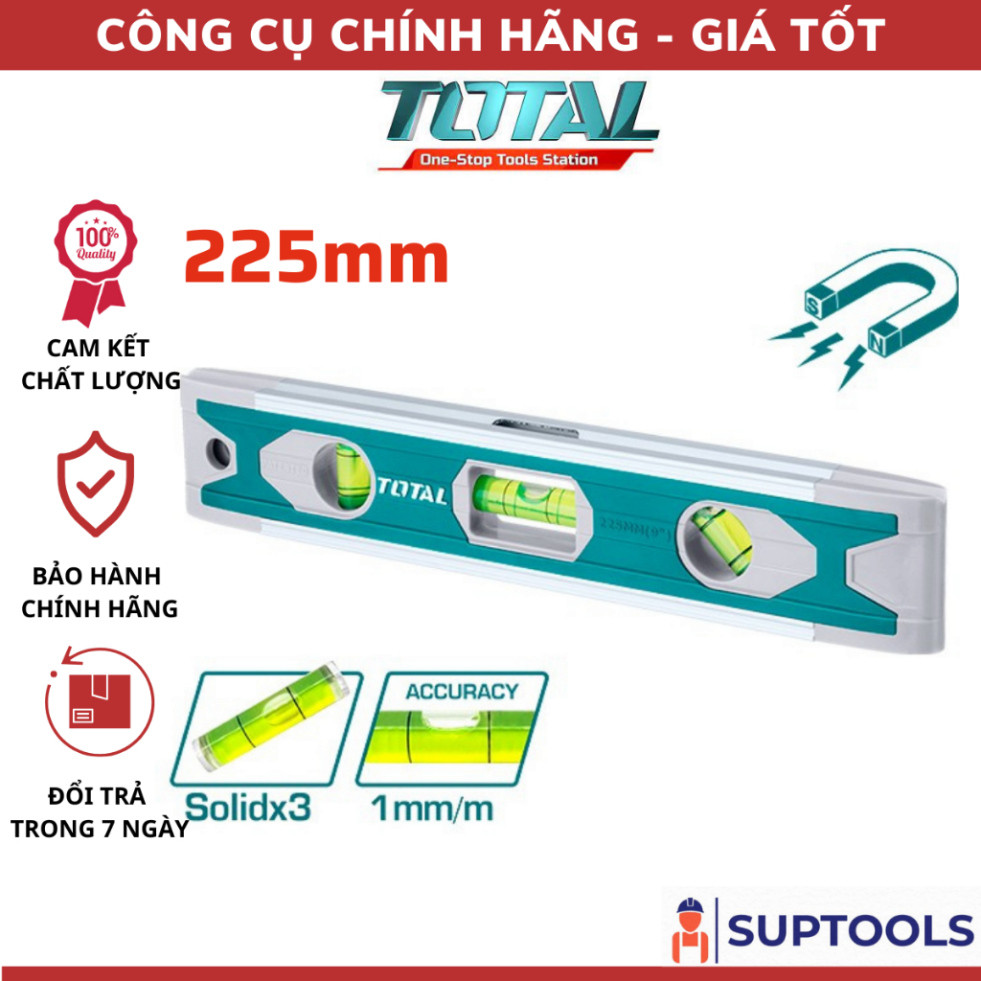 Thước thủy mini có nam châm hút TOTAL TMT2235 Chiều dài 225mm 3 lọ nước ...