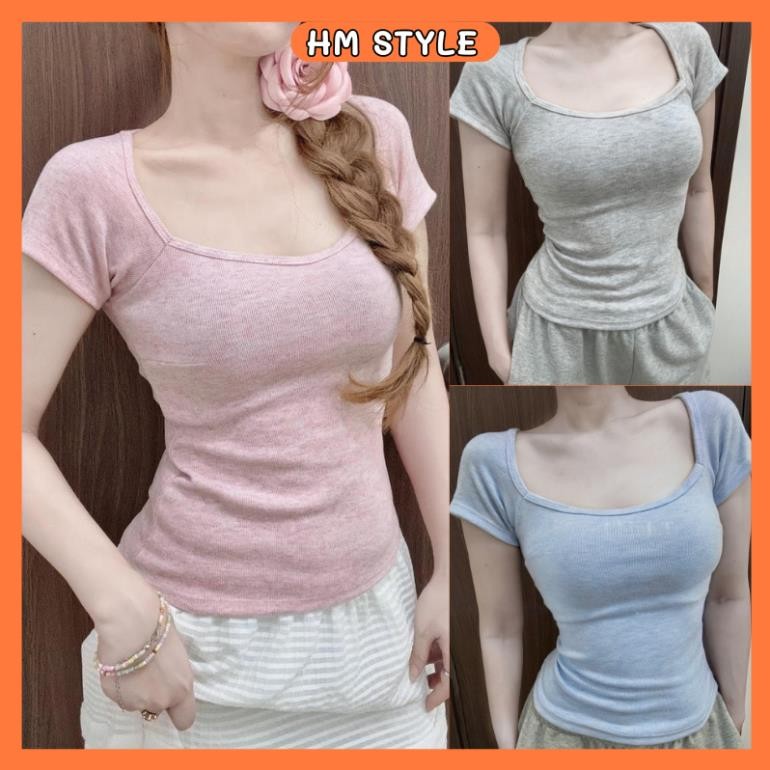 Áo thun nữ kiểu cup cổ vuông tay ngắn ôm body, áo kiểu nữ tôn dáng phong cách HQ chất tăm mềm ...