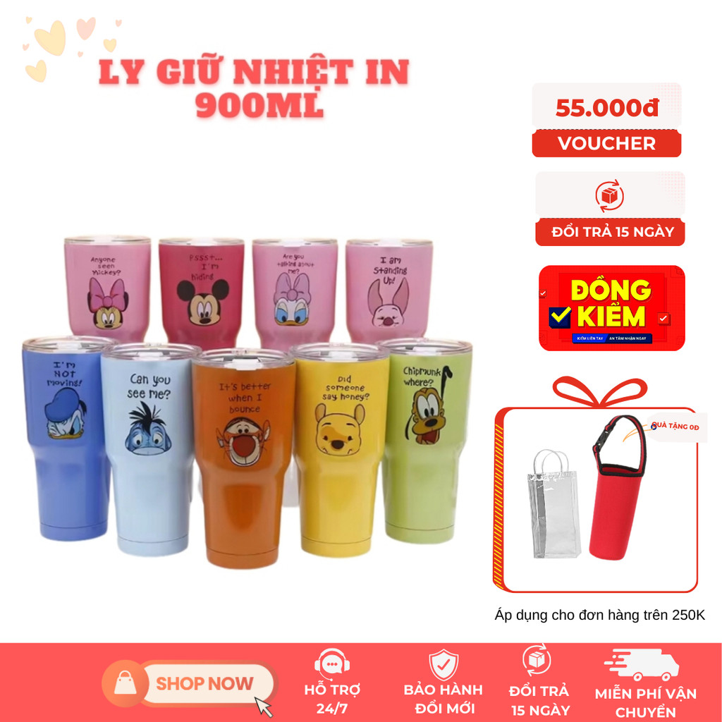 CC.Mart Ly Cốc Giữ Nhiệt 900ml SUS304 In Hình Đa Sắc Màu Có Nắp Chống ...
