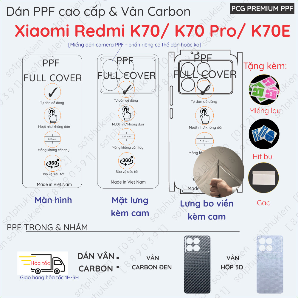 Dán PPF & Vân Carbon Xiaomi Redmi K70/ K70 Pro/ K70E/ Poco X6 Pro/ F6 ...
