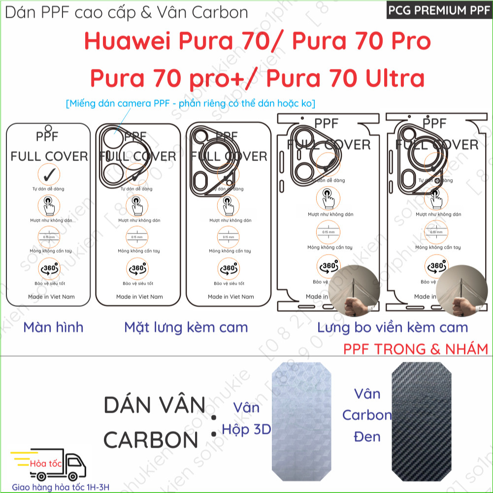 Dán PPF & Vân Carbon Huawei Pura 70/ Pura 70 Pro/ Pura 70 pro+ (P70 pro ...