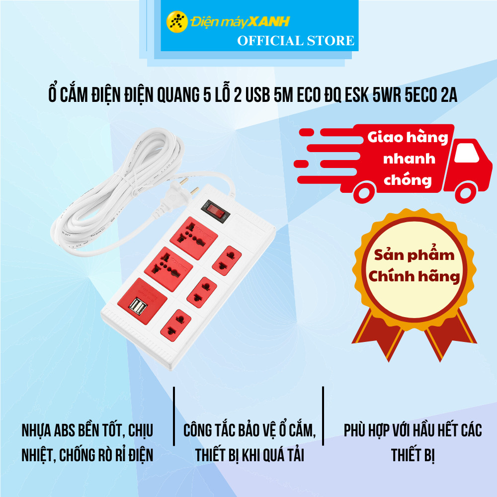 Ổ cắm điện Điện Quang 5 lỗ 2 USB 5m ECO ĐQ ESK 5WR 5ECO 2A | Shopee ...