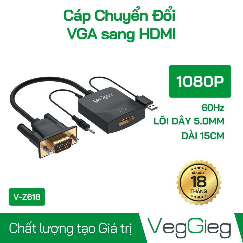Bộ chuyển đổi VGA sang HDMI có dây Loa/Nguồn - VegGieg V-Z618 | Shopee ...