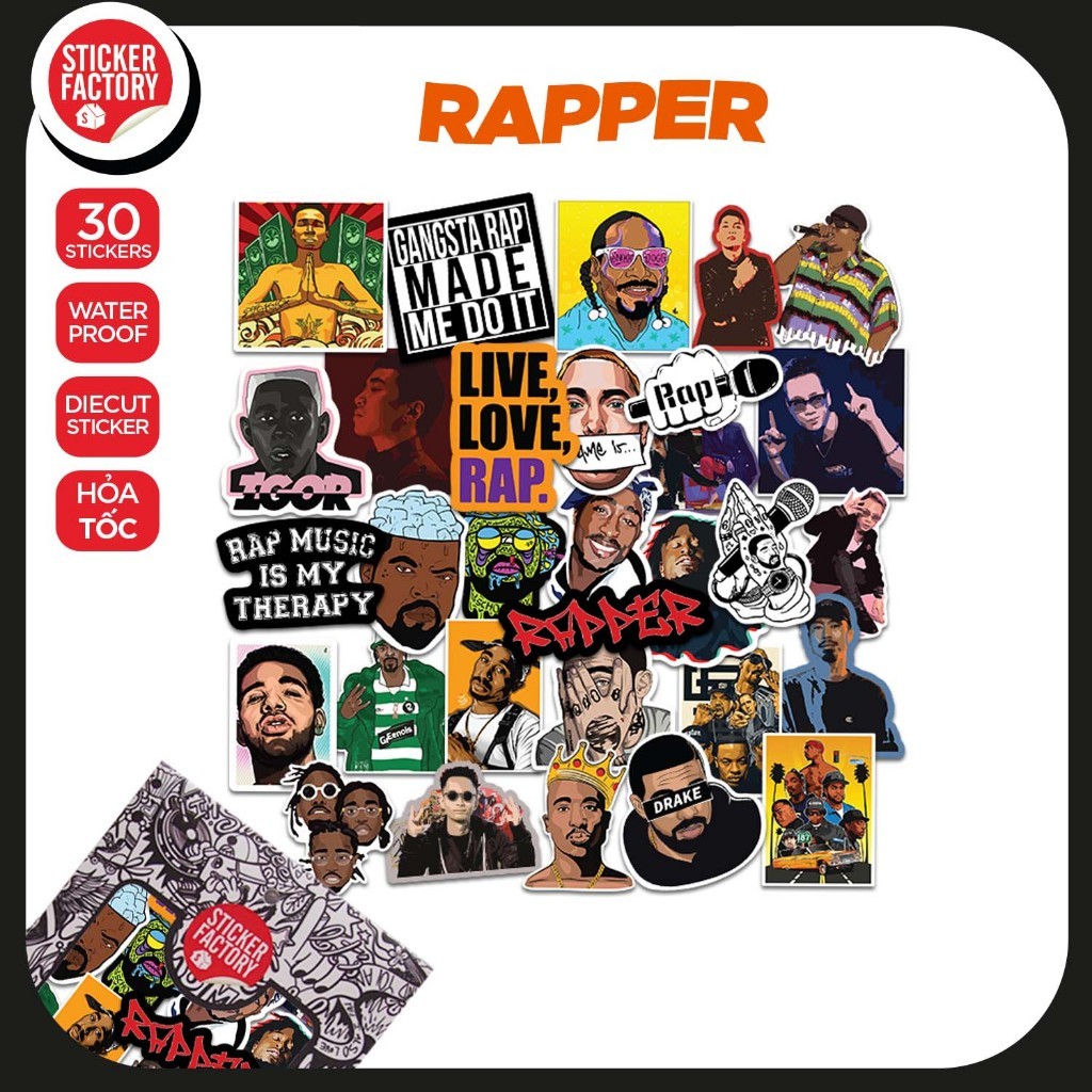 Rapper - Set 30 sticker decal hình dán nón bảo hiểm, laptop, xe máy, ô ...