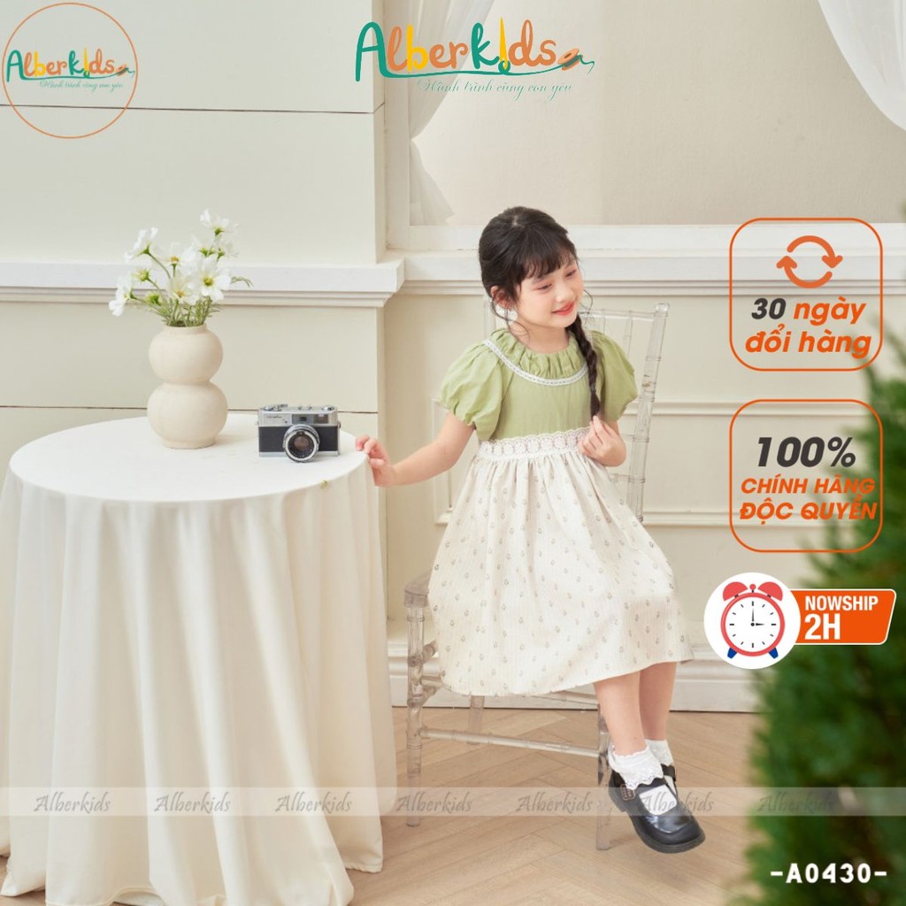 Váy bé gái ALBERKIDS xanh phối linen in hoa ren cổ cho trẻ em 2,3,4,5,6 ...