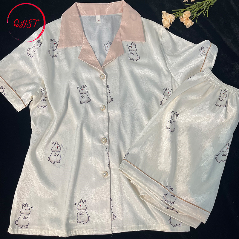 QHST đồ ngủ nữ Ngắn tay Thỏ trắng quần sọt Bộ satin Mềm mát nhập khẩu ...