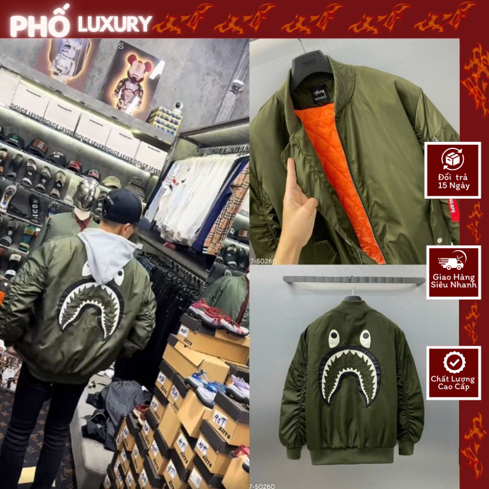 Áo Khoác Bomber Nam Bape Trần Bông ECHOBLISS Vải gió Dù Thêu Da Cá Mập ...