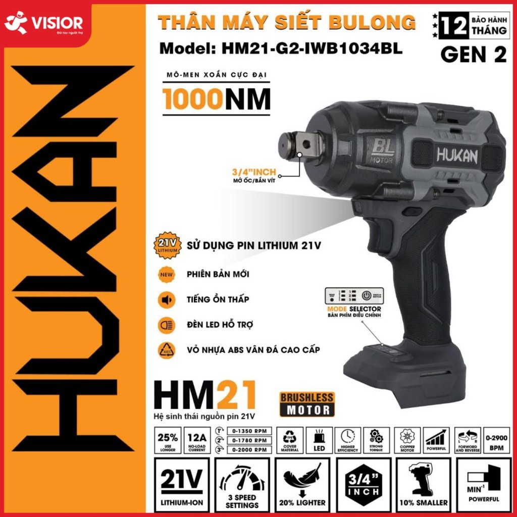 THÂN MÁY SIẾT BULONG PIN (GEN2) HUKAN HM21-G2-IWB1034BL CHƯA GỒM PIN SẠC | Shopee Việt Nam