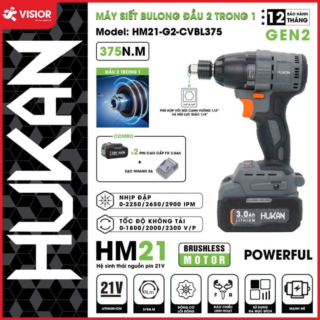 THÂN MÁY SIẾT BULONG PIN (ĐẦU 2 TRONG 1) HUKAN HM21-G2-CVBL375 | Shopee Việt Nam