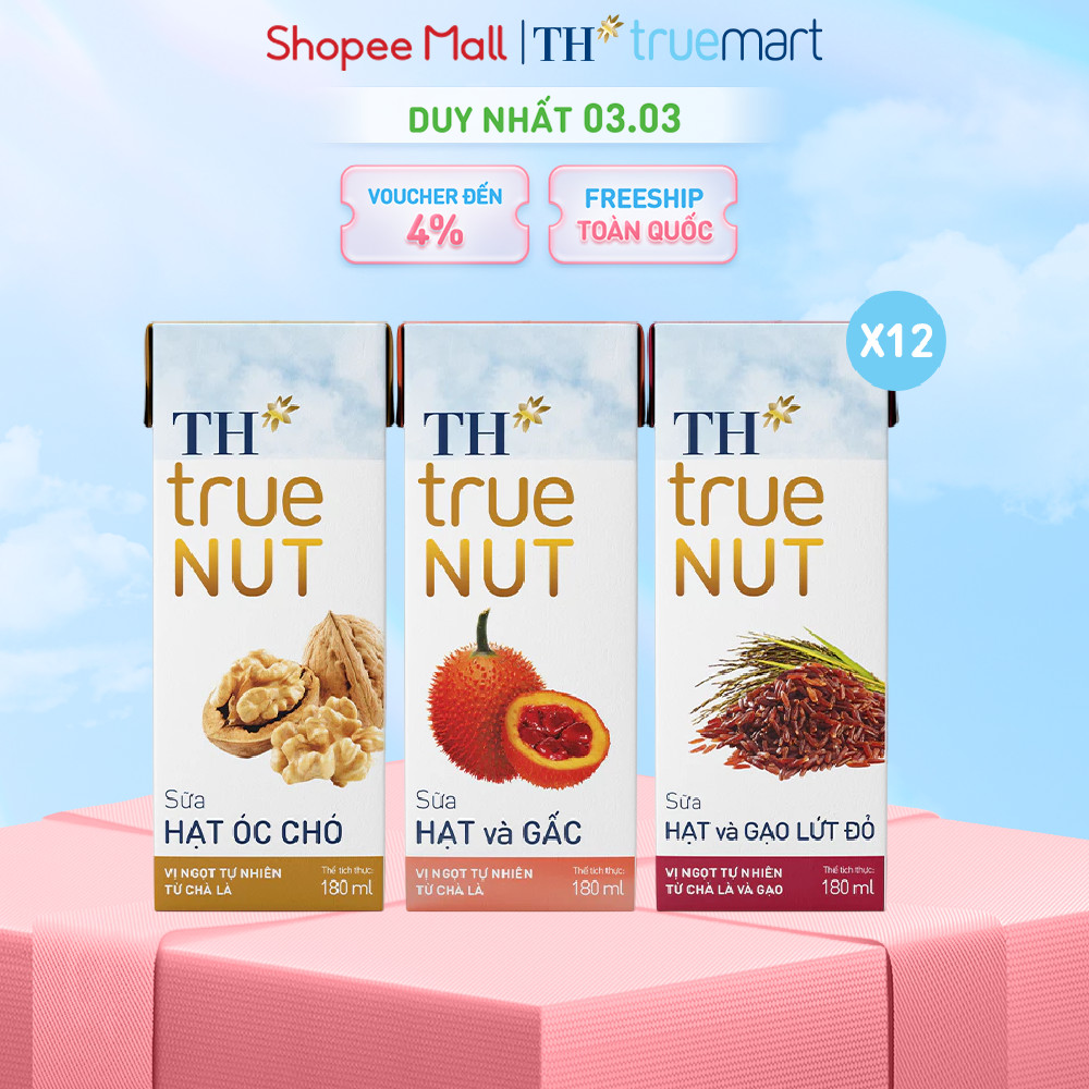 Combo mix 12 lốc sữa hạt óc chó, gạo lứt đỏ, gấc TH true NUT (180ml x ...