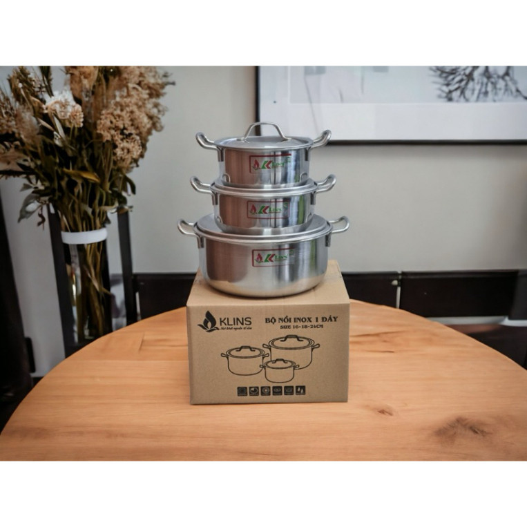 Bộ 3 Nồi KLINS 1 đáy inox 430 dùng được nhiều loại bếp kể cả bếp từ,bộ nồi inox giá rẻ,bộ nồi ...
