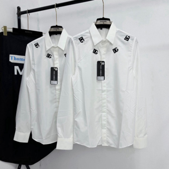 Áo sơ mi trắng nam dài tay Dolce trơn thêu logo thêu chữ DG quanh cổ che khuy dáng đơn giản ...