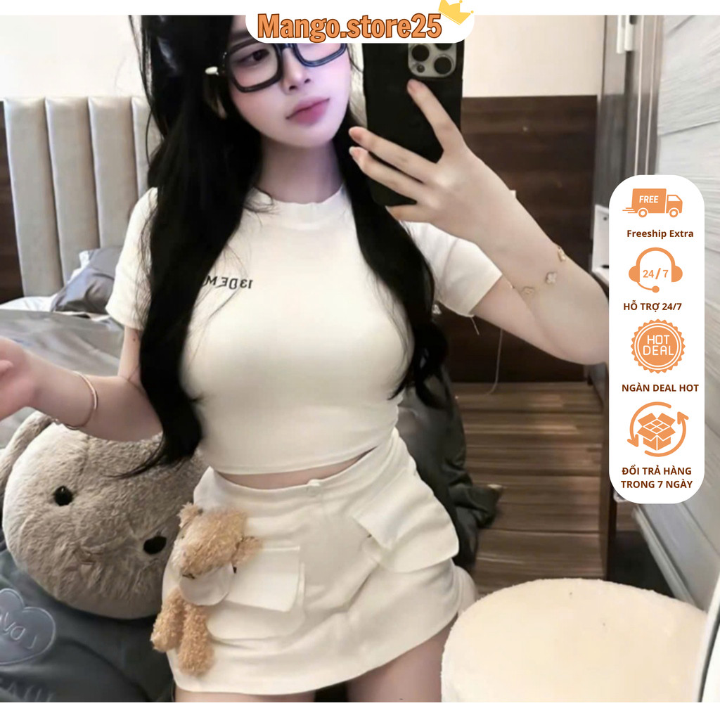 Set đầm nữ basic cộc tay kèm gấu hàng chuẩn form. Sét áo thun phối chữ croptop + Chân váy ngắn ...