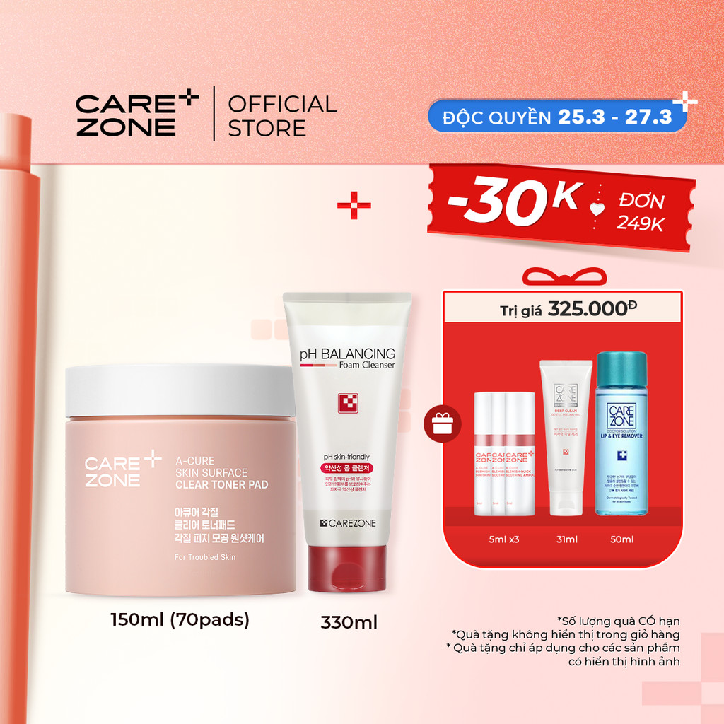 Combo Làm sạch Toner Pad Carezone A-cure SkinSurface Clear Cấp Ẩm 70Miếng + Sữa Rửa Mặt pH ...
