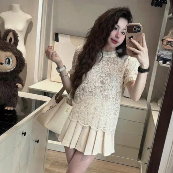 set áo ren chân váy,chân váy xếp ly áo ren hoa phối tơ cao cấp K218 | Shopee Việt Nam