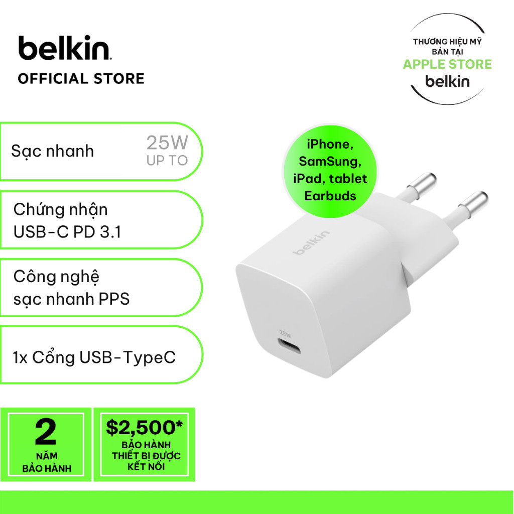 Củ sạc sạc nhanh Belkin 25W USB-C PD3.1 Wall Charger màu trắng nhỏ gọn | Shopee Việt Nam