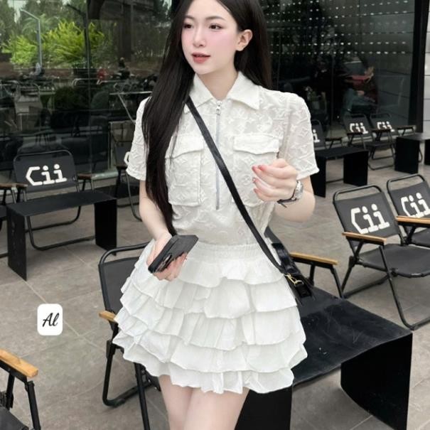 set áo chân váy,sét váy nữ sang chảnh chân váy tầng áo túi hộ khóa kéo ...