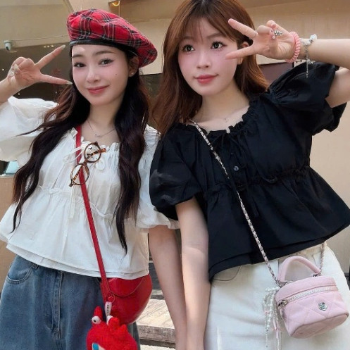 Áo Babydoll Cổ Nhún Phối Bèo Tay Bồng Hàn Quốc Mùa Hè-Ma 412 | Shopee Việt Nam