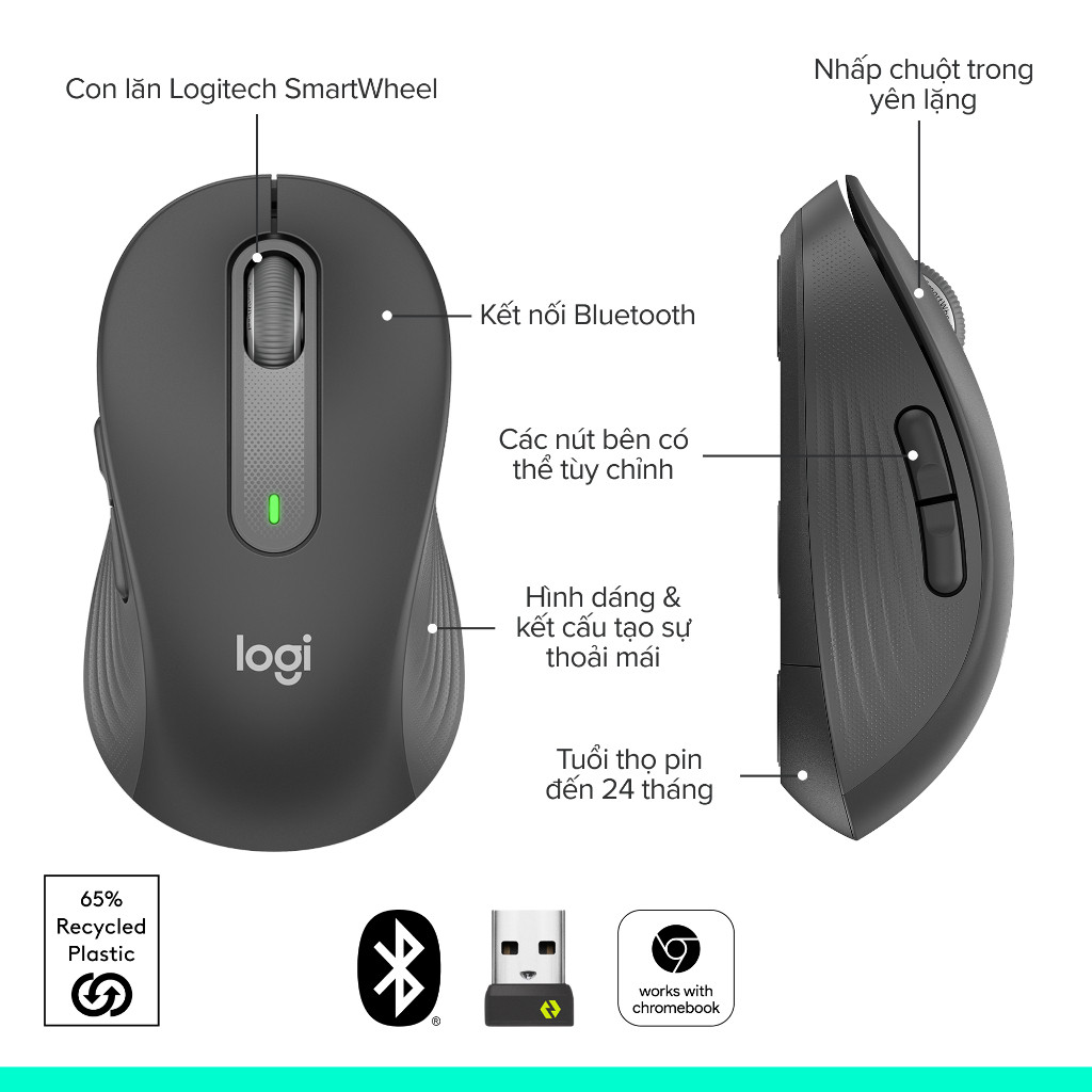Chuột không dây bluetooth Logitech Signature M650 - SmartWheel, giảm ồn, tùy chỉnh các nút ...