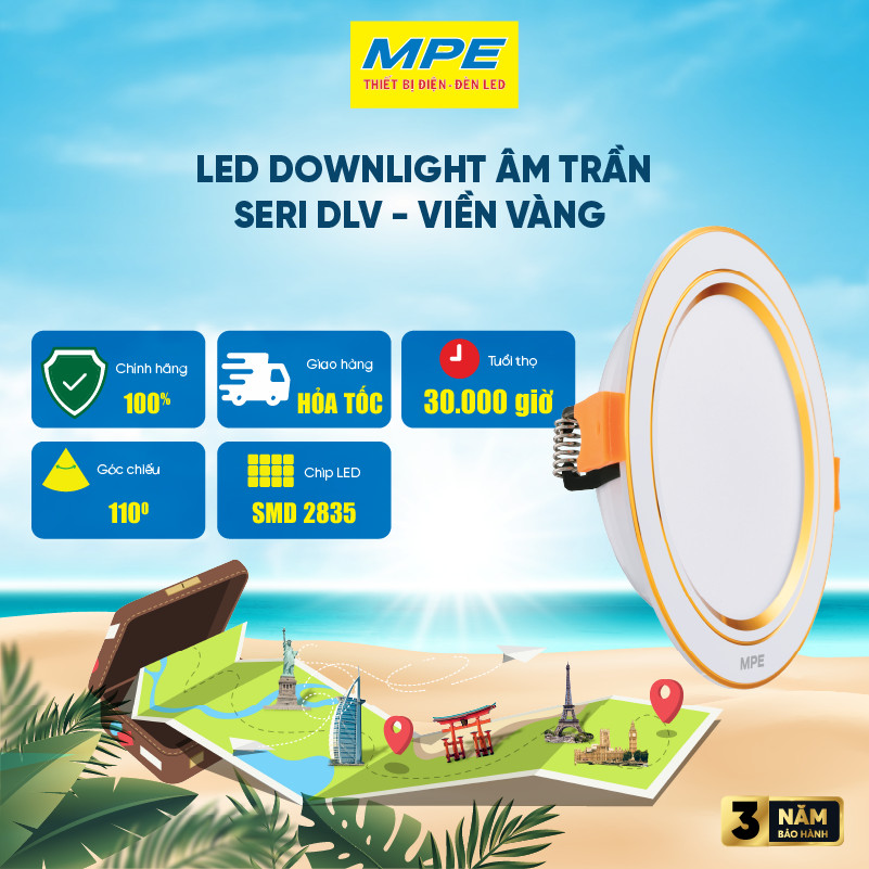Đèn led DOWNLIGHT MPE âm trần seri DLV viền vàng 5W/7W/9W/12W, đèn led ...