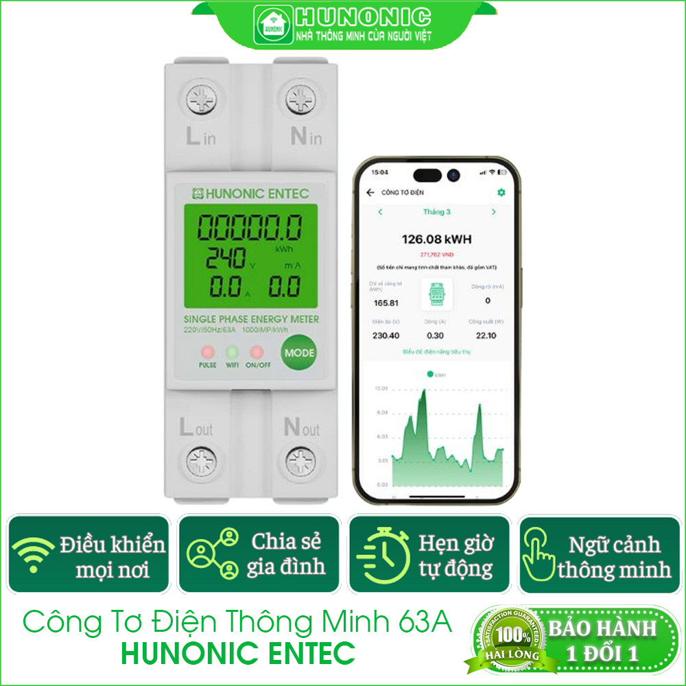 Công Tơ Điện Thông Minh Hunonic ENTEC - Đồng Hồ Đo Điện 63A, Điều Khiển Từ Xa, Chống Rò Rỉ Điện ...